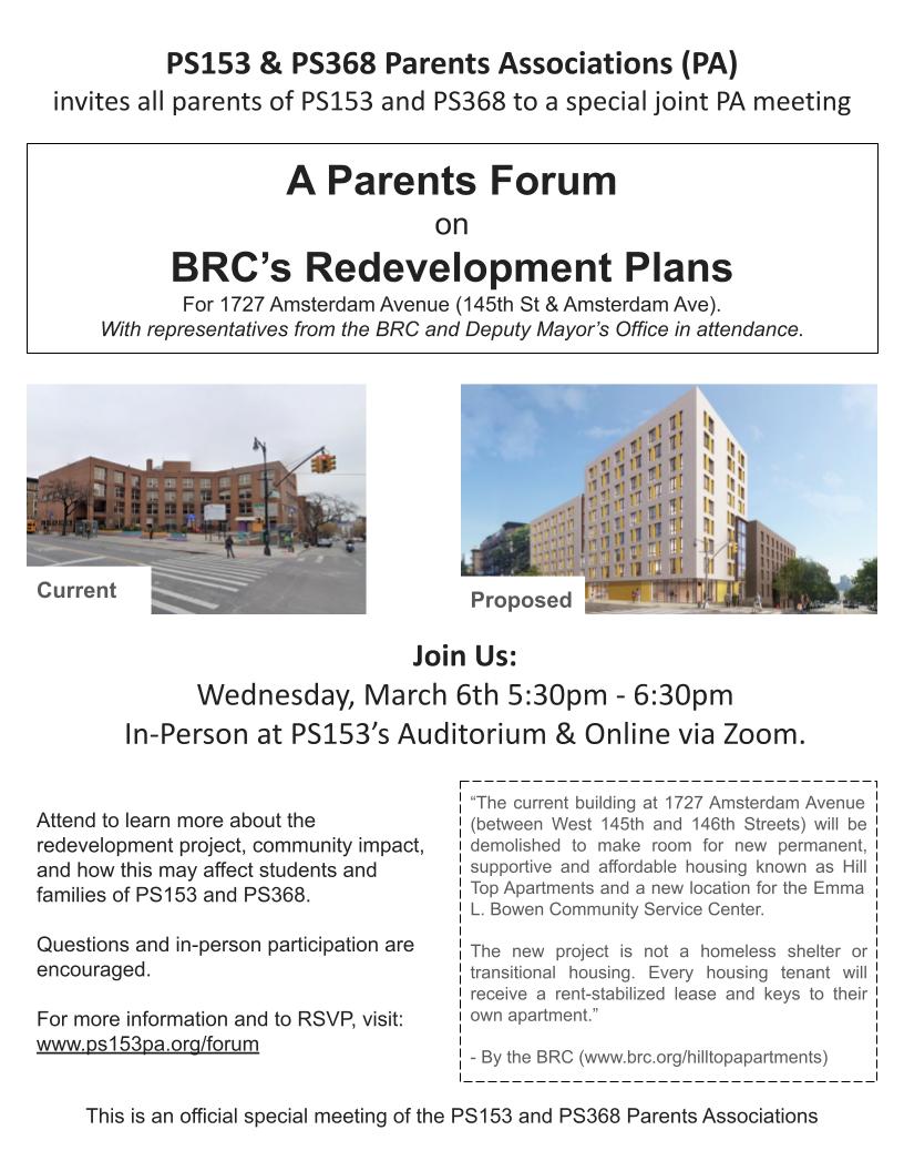 Parents Forum on BRC Redevelopment Plan - PS153 Parents Association